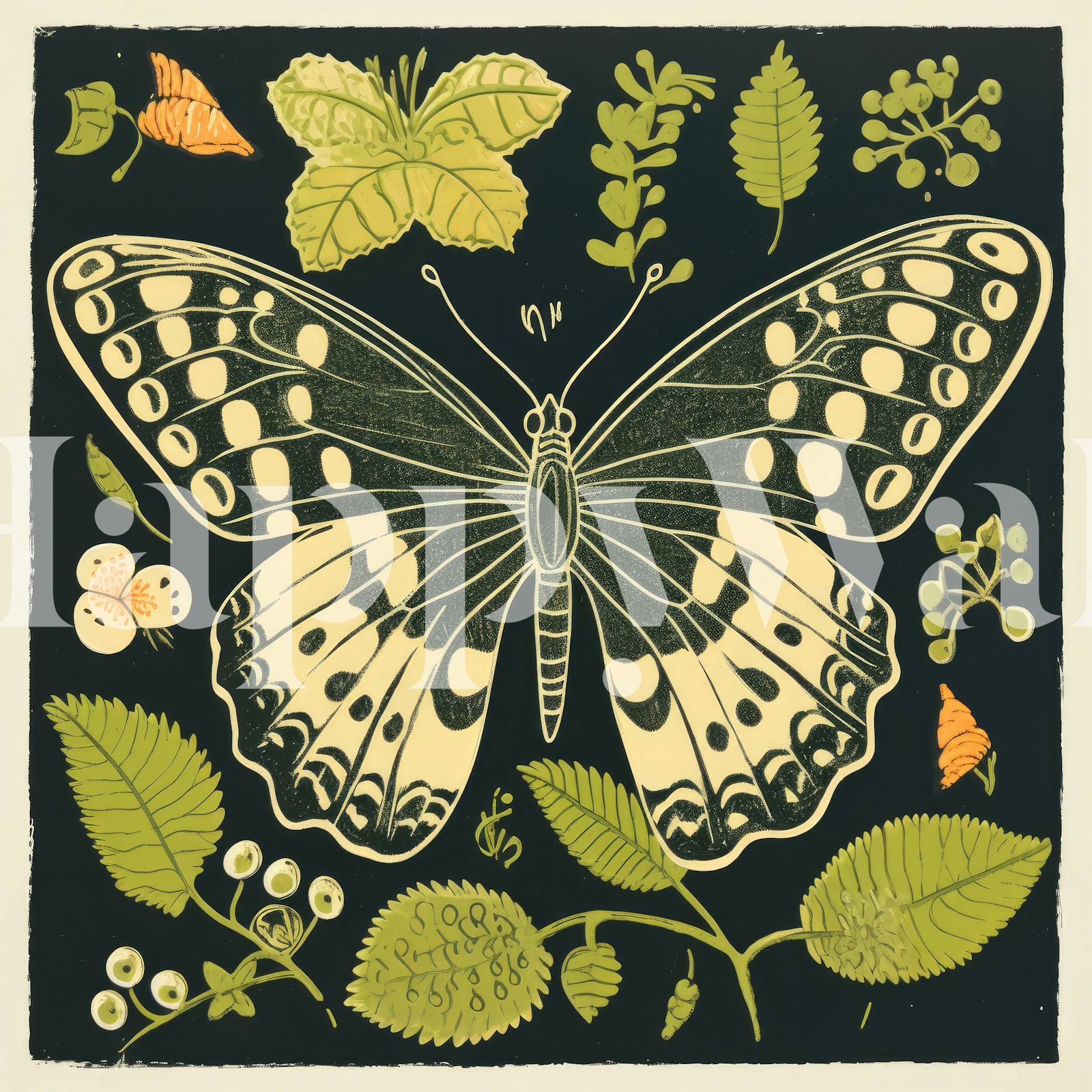 Folk Art Butterfly Botanical Wallpaper