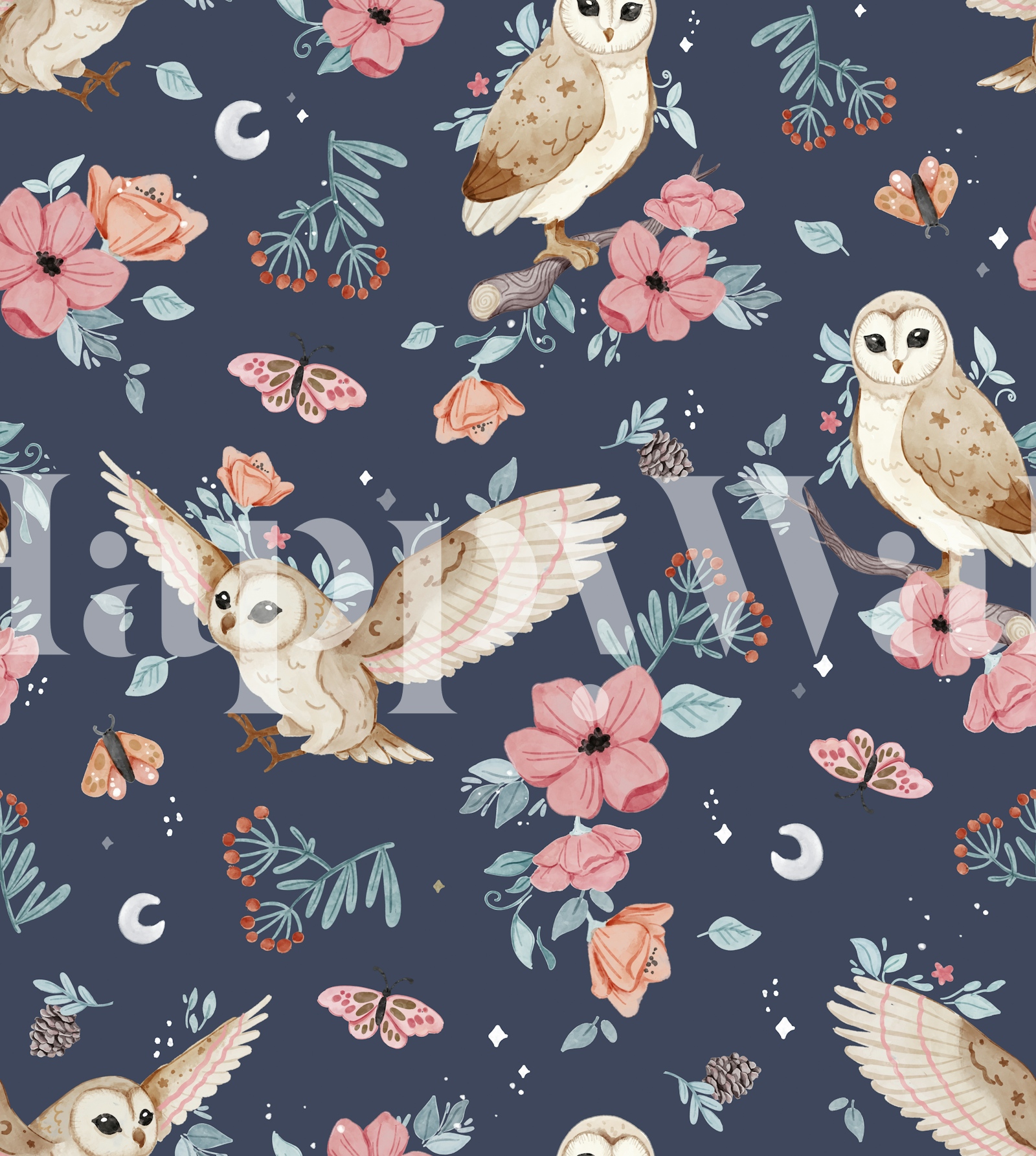 Night Owl - navy Wallpaper | Happywall