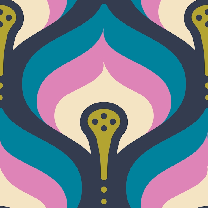 Retro Blue Pink Floral Wallpaper