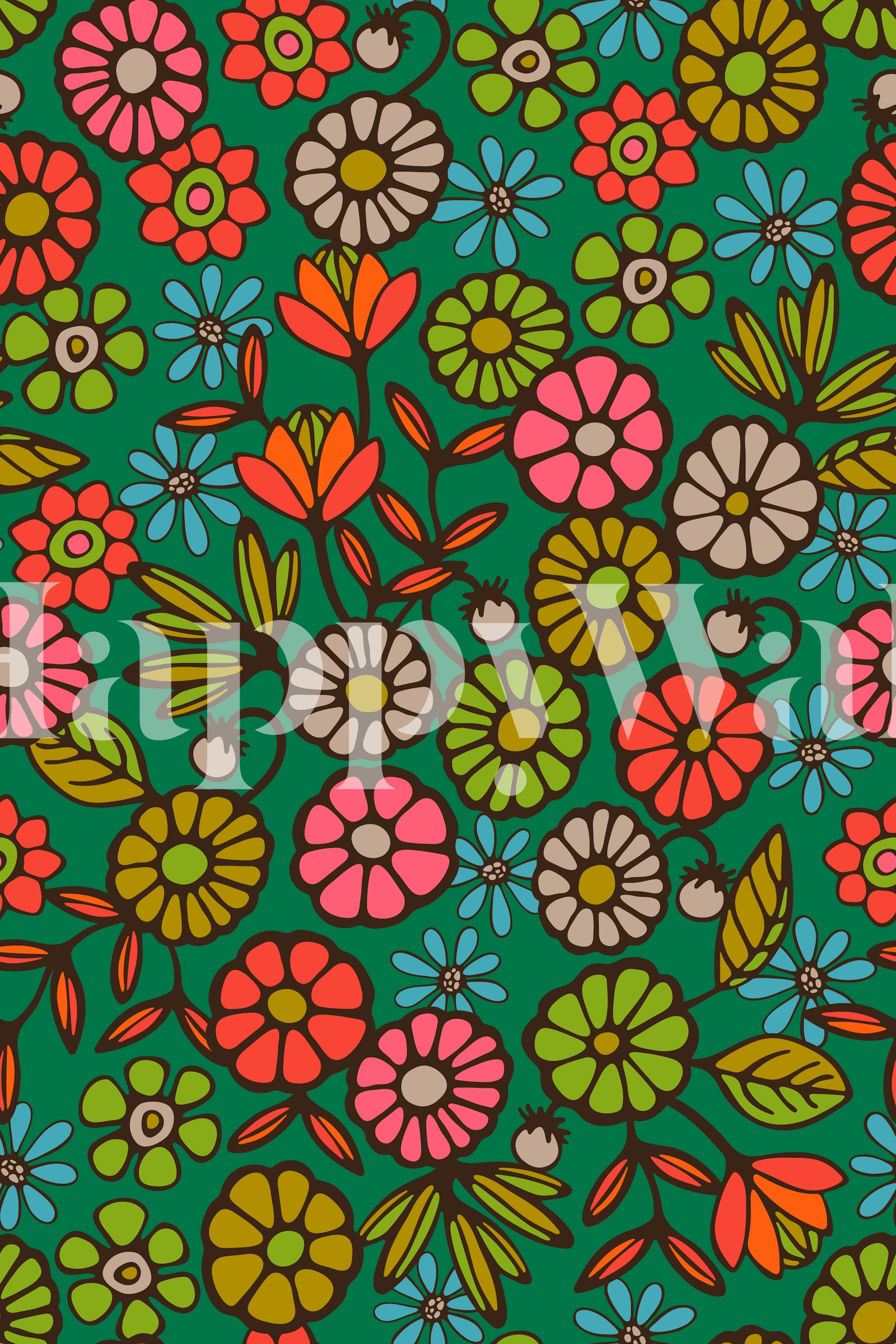 Bright Green Floral Retro Wallpaper