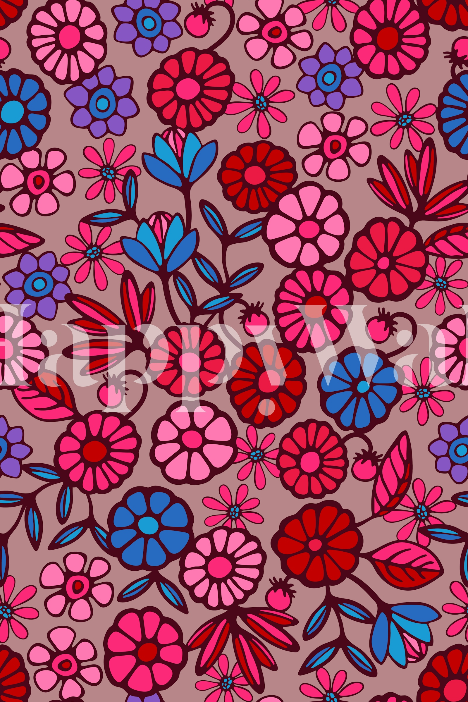 Retro Floral Wallpaper Cherry Red