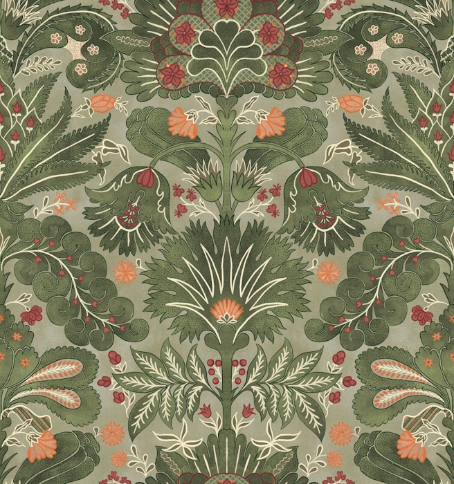 Botanic Damask Olive Sage Green Red Orange Wallpaper