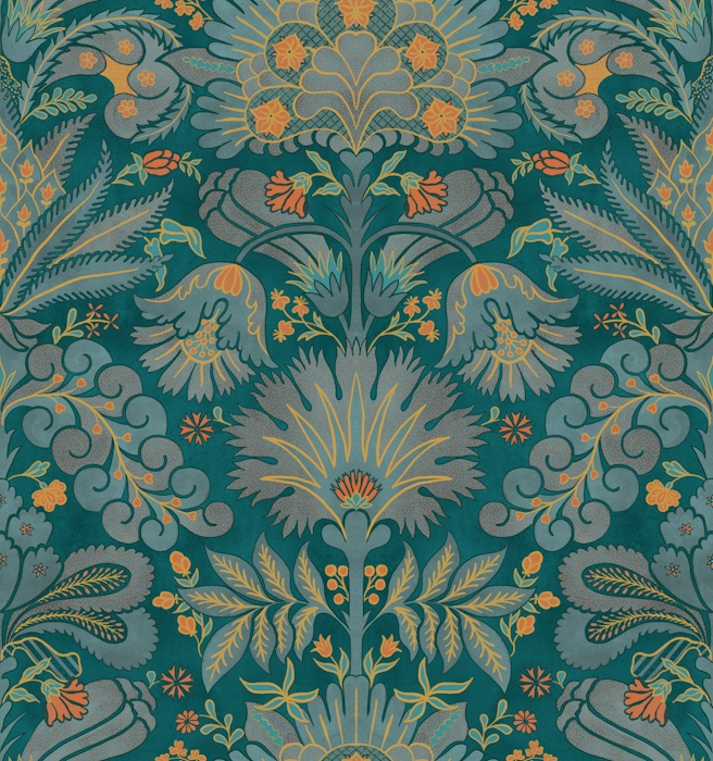 Teal Floral Damask Wallpaper