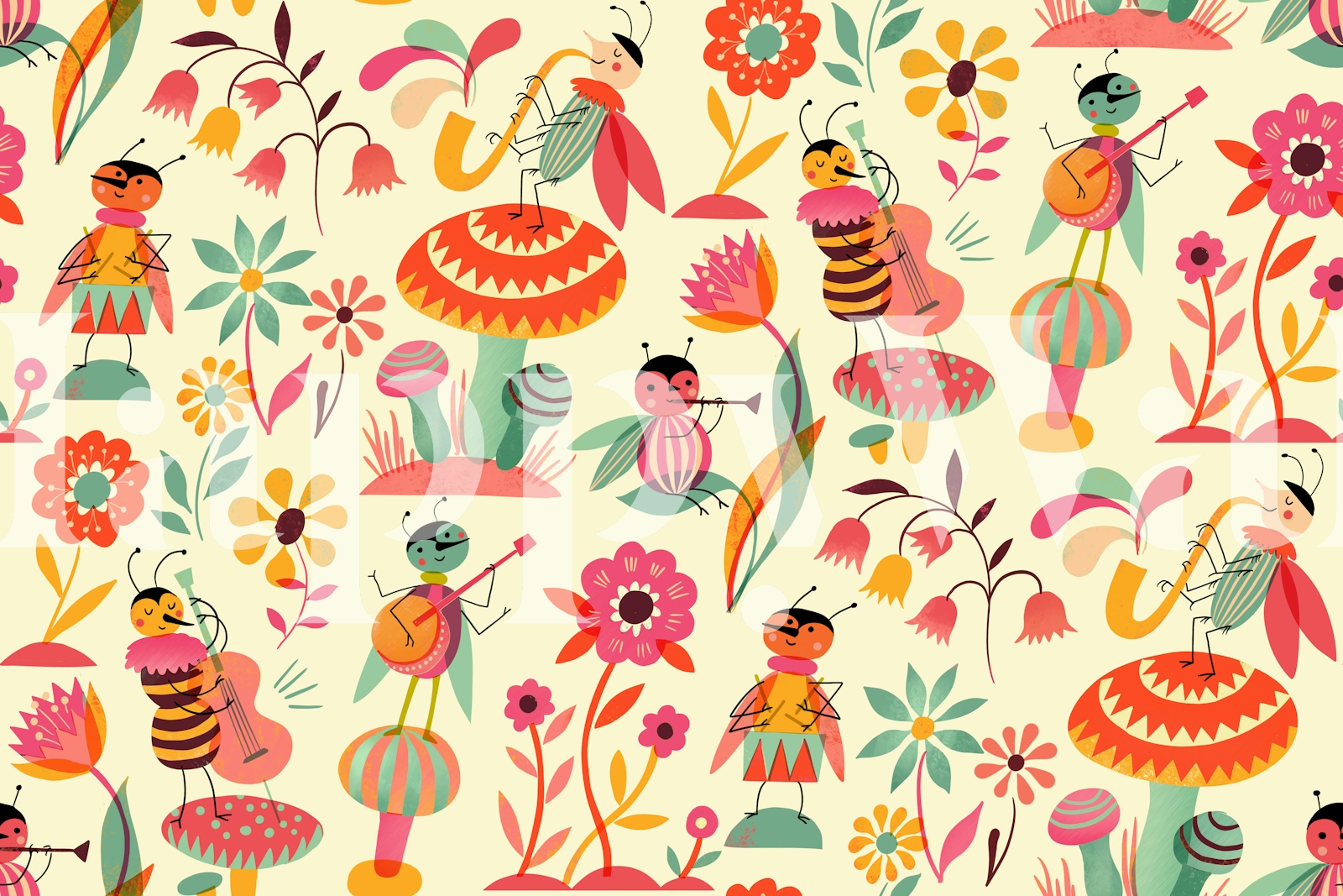 Musical Bugs in Flowers Wallpaper