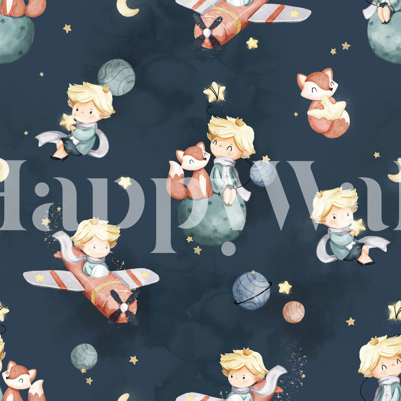 Navy Children’s Wallpaper with Little Prince Design