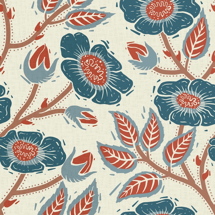 Blue Floral Wallpaper with Rust Accents