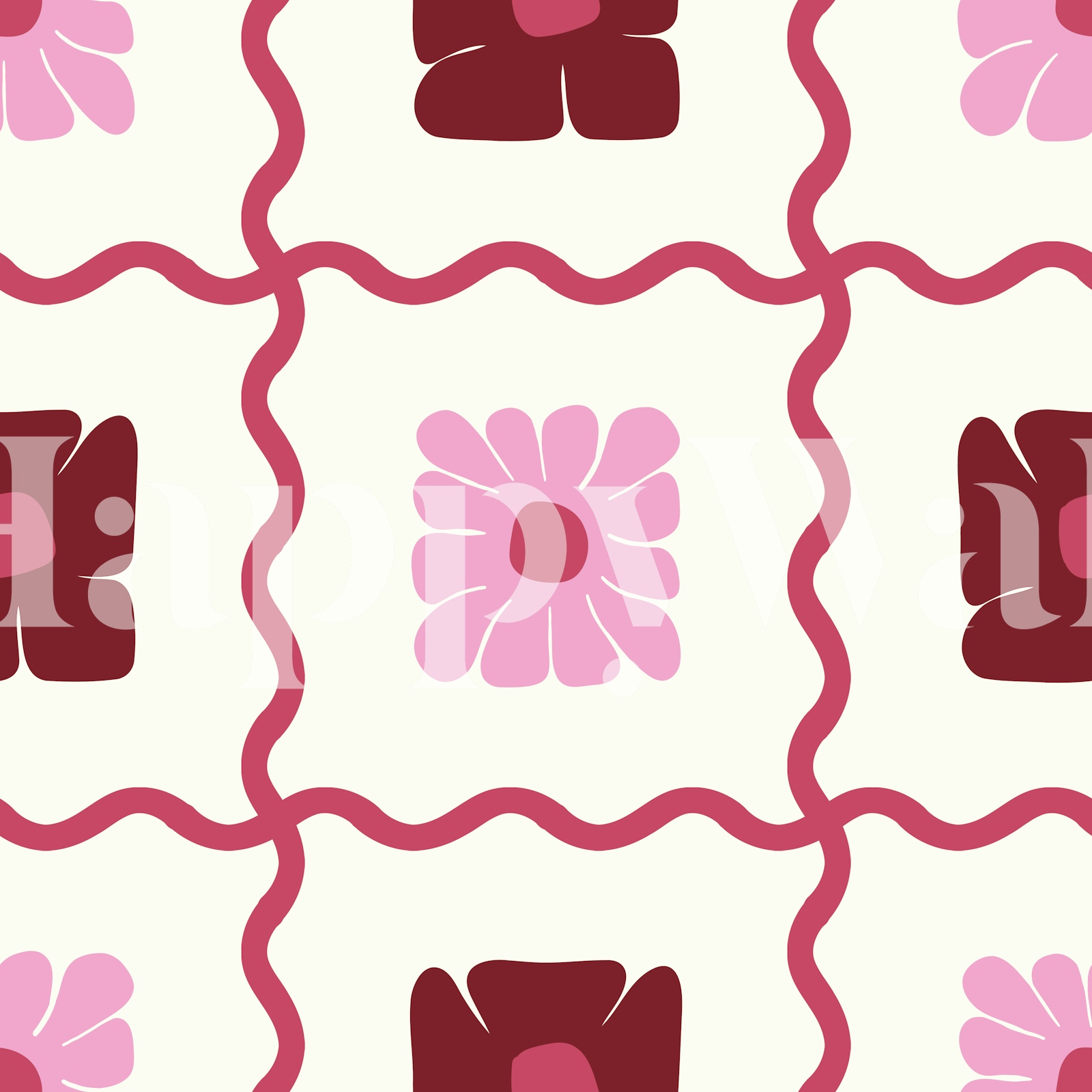 Floral Wavy Checker Cherry Red Wallpaper