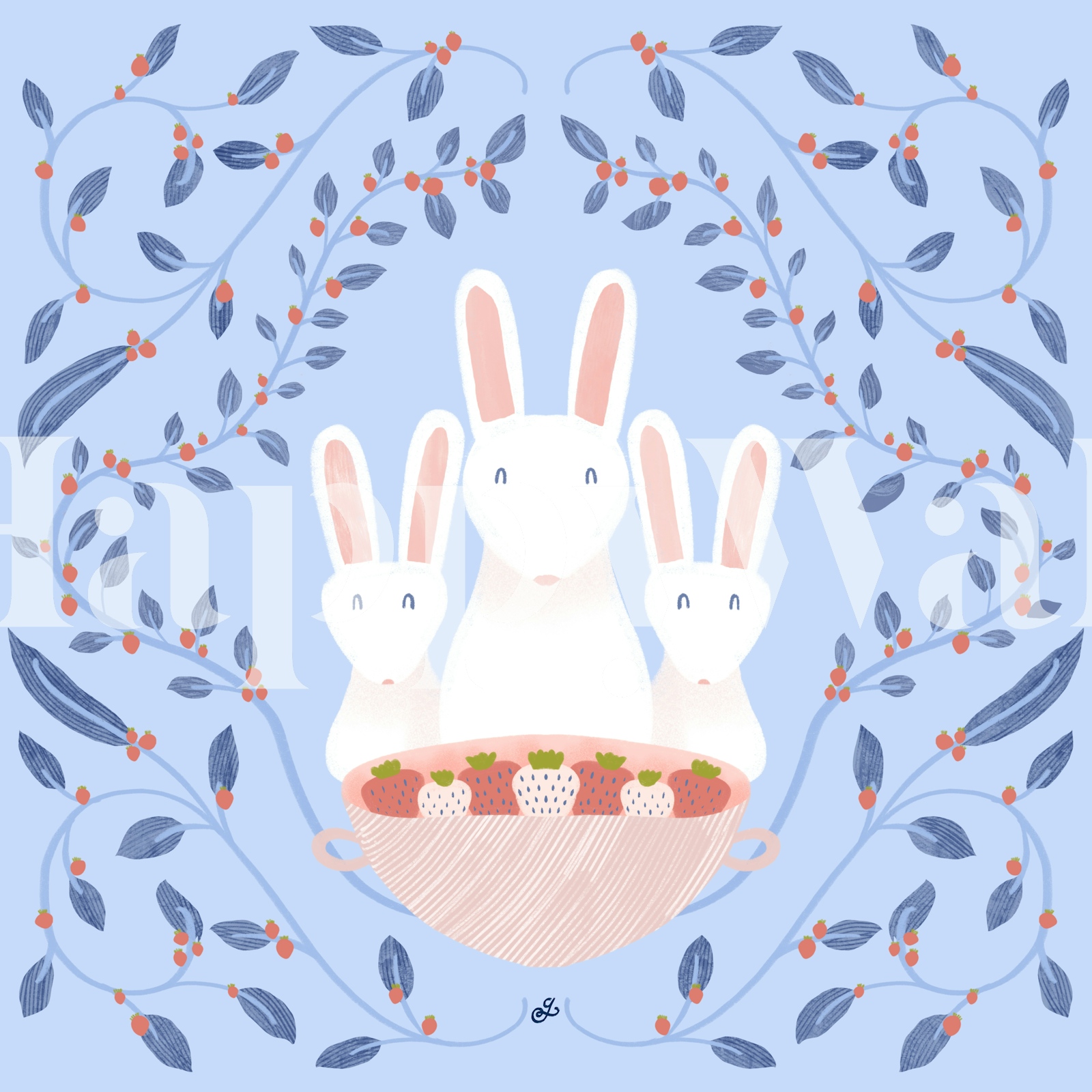 Cute Bunny Trio with Berries Wallpaper
