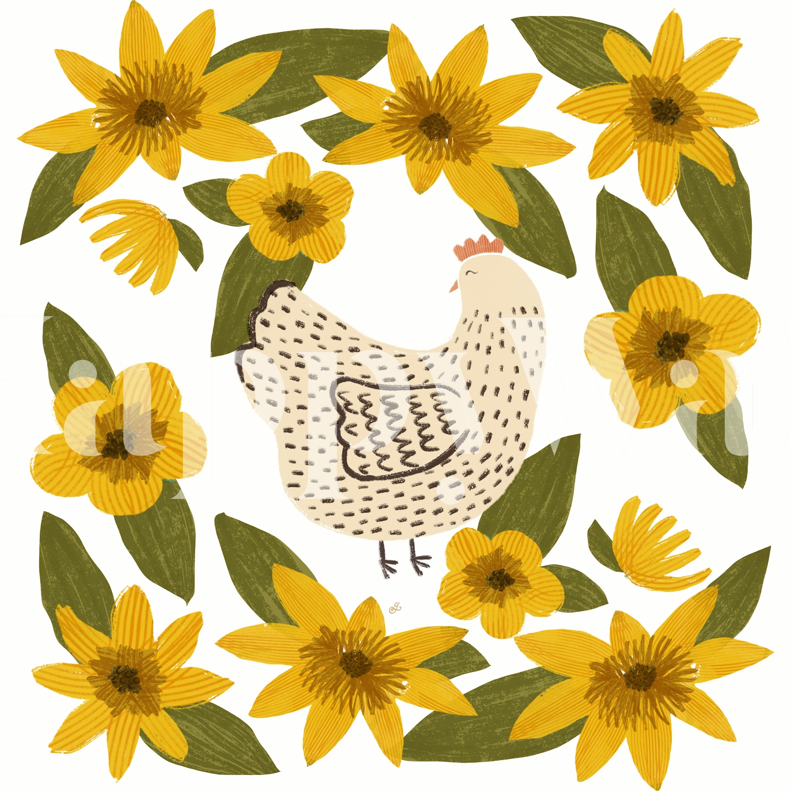 Chicken and Sunflowers Floral Wallpaper