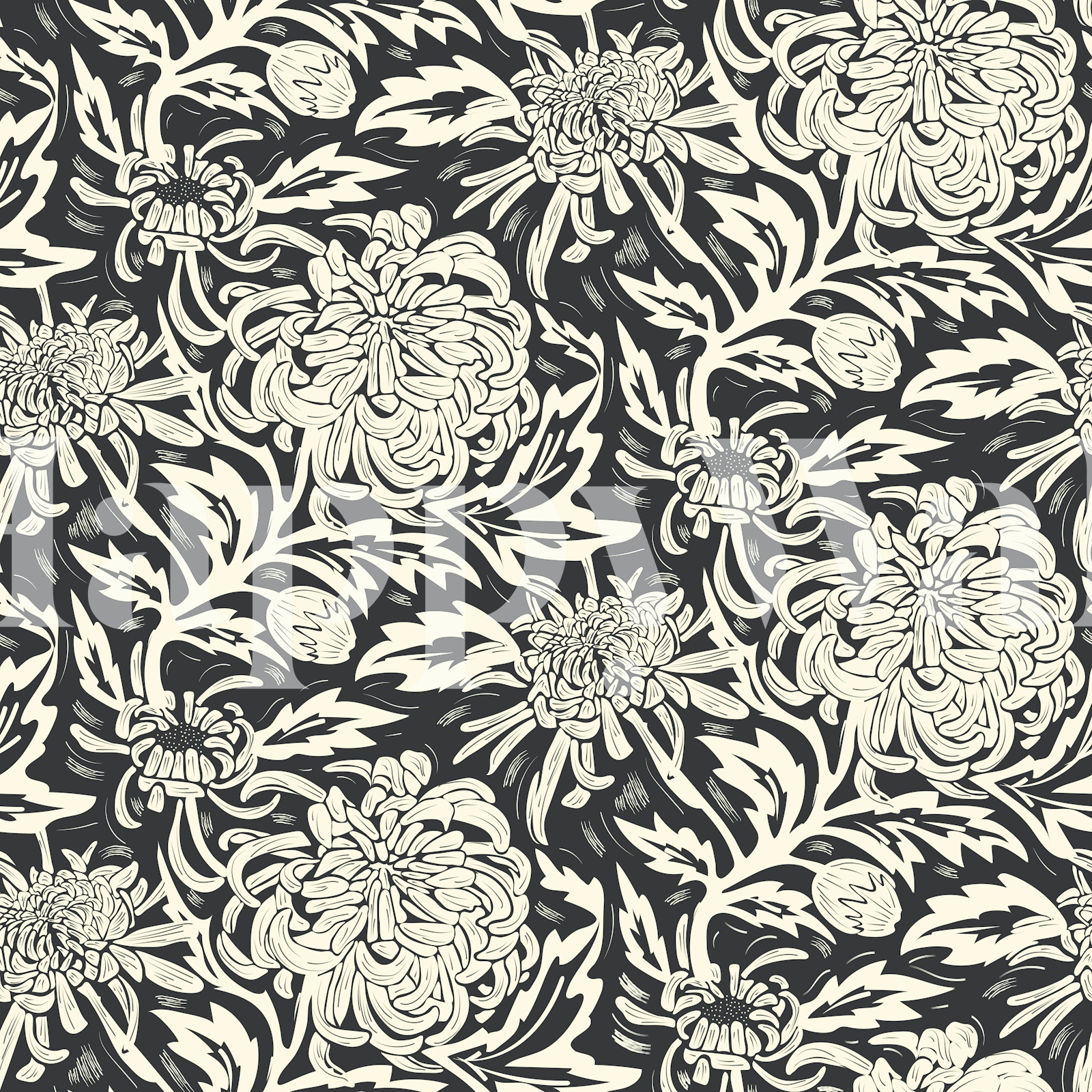 Chrysanthemum Block Print Bliss Onyx - Happywall.com