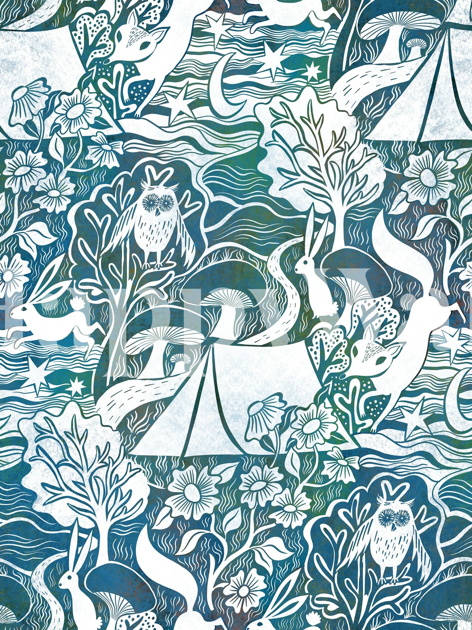 Campsite Adventures Blockprint Blue - Happywall