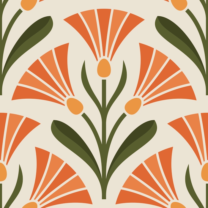 Art Deco Floral Fusion in Orange Green - Wallpaper