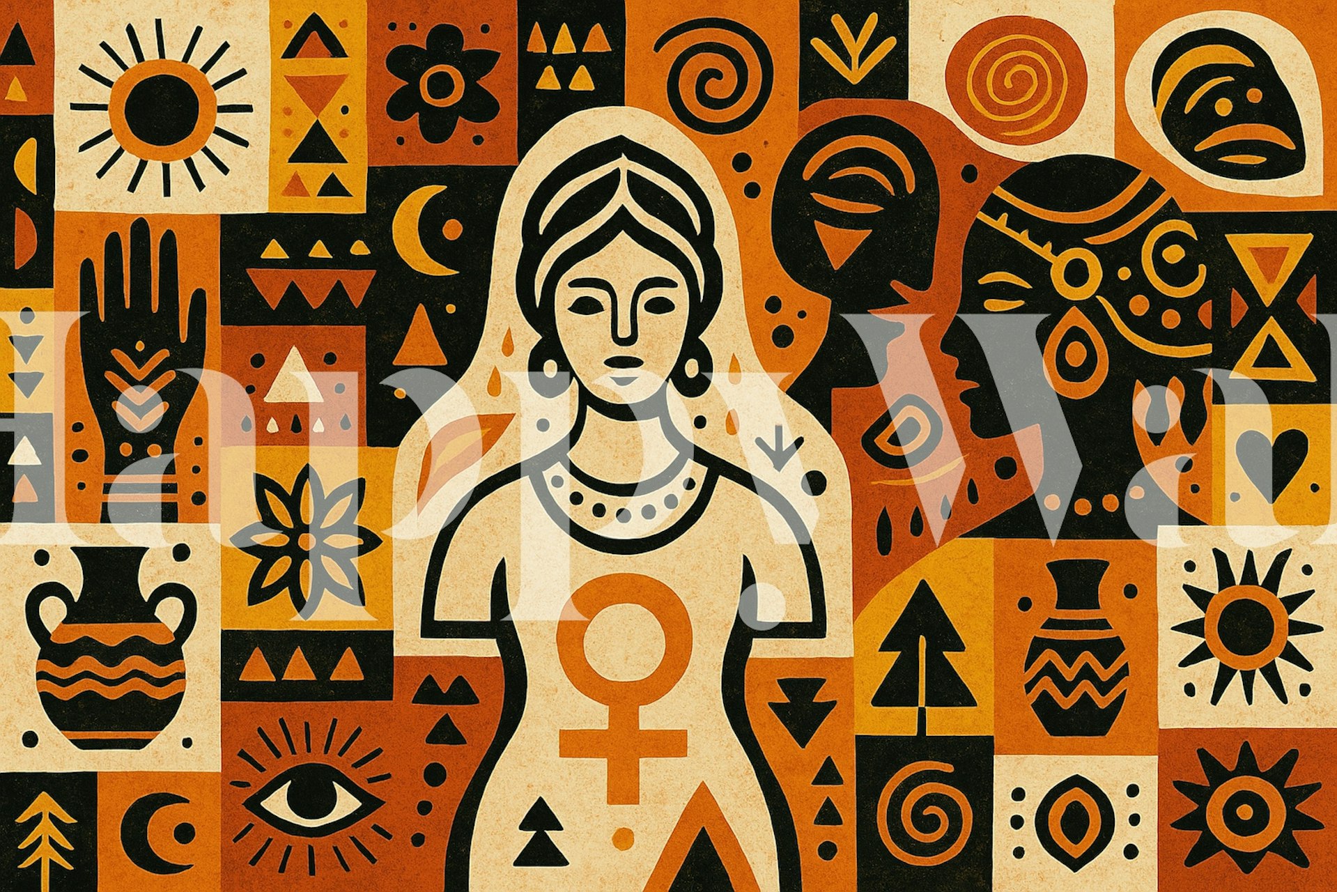 Feminine Spirit Symbols Orange Black Wallpaper