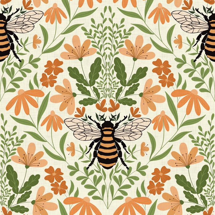 Floral Bee Pattern Wallpaper for Home Decor