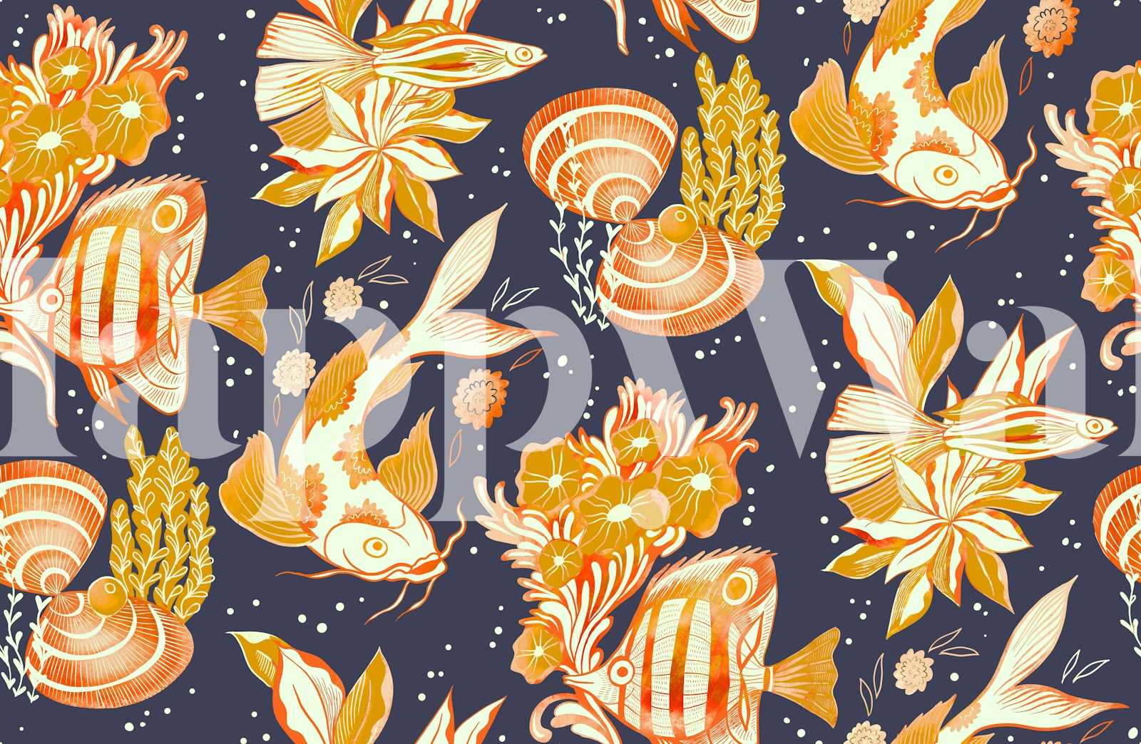 Dark Blue Underwater Wallpaper with Fish and Shells