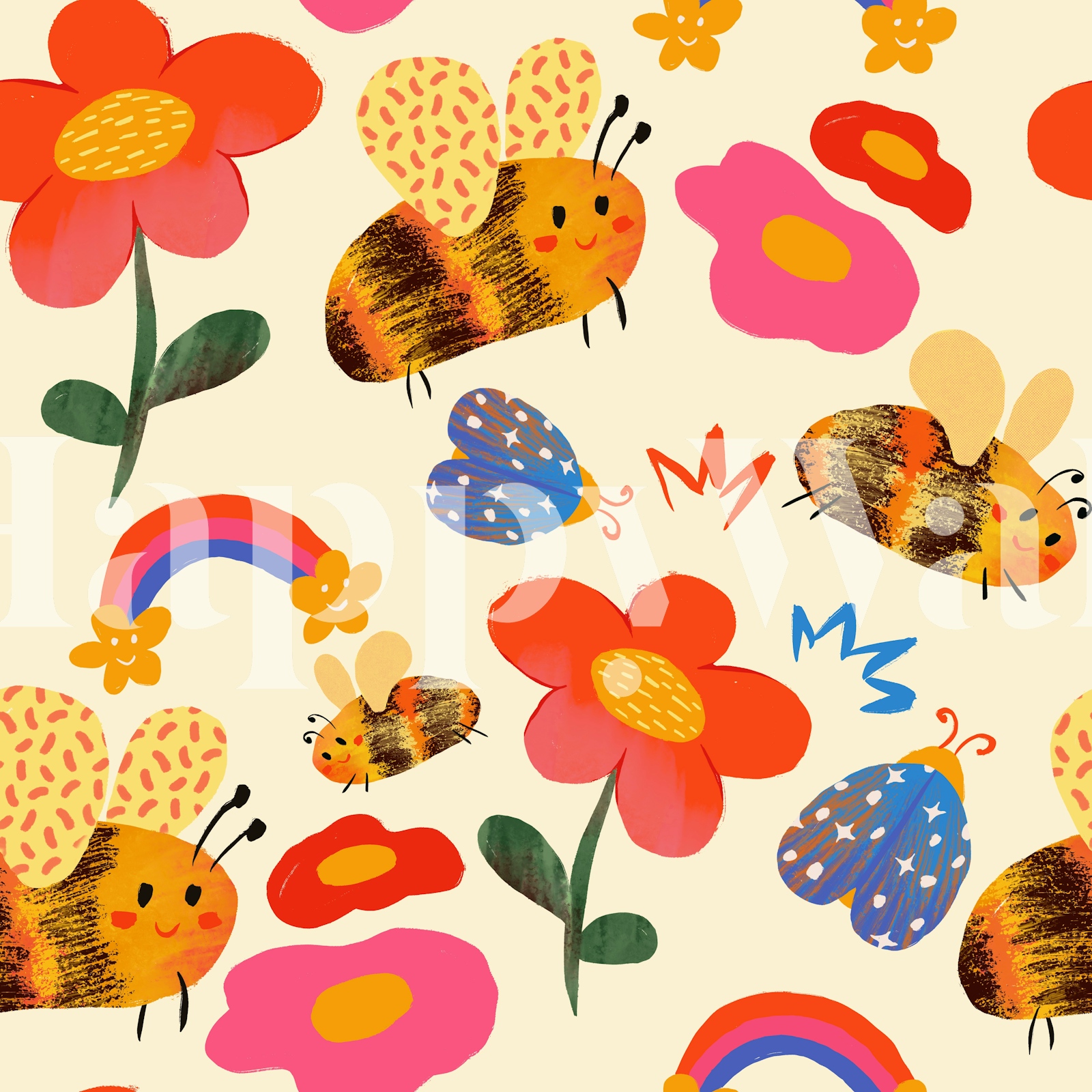 Colorful Bee Floral Wallpaper for Kids Room