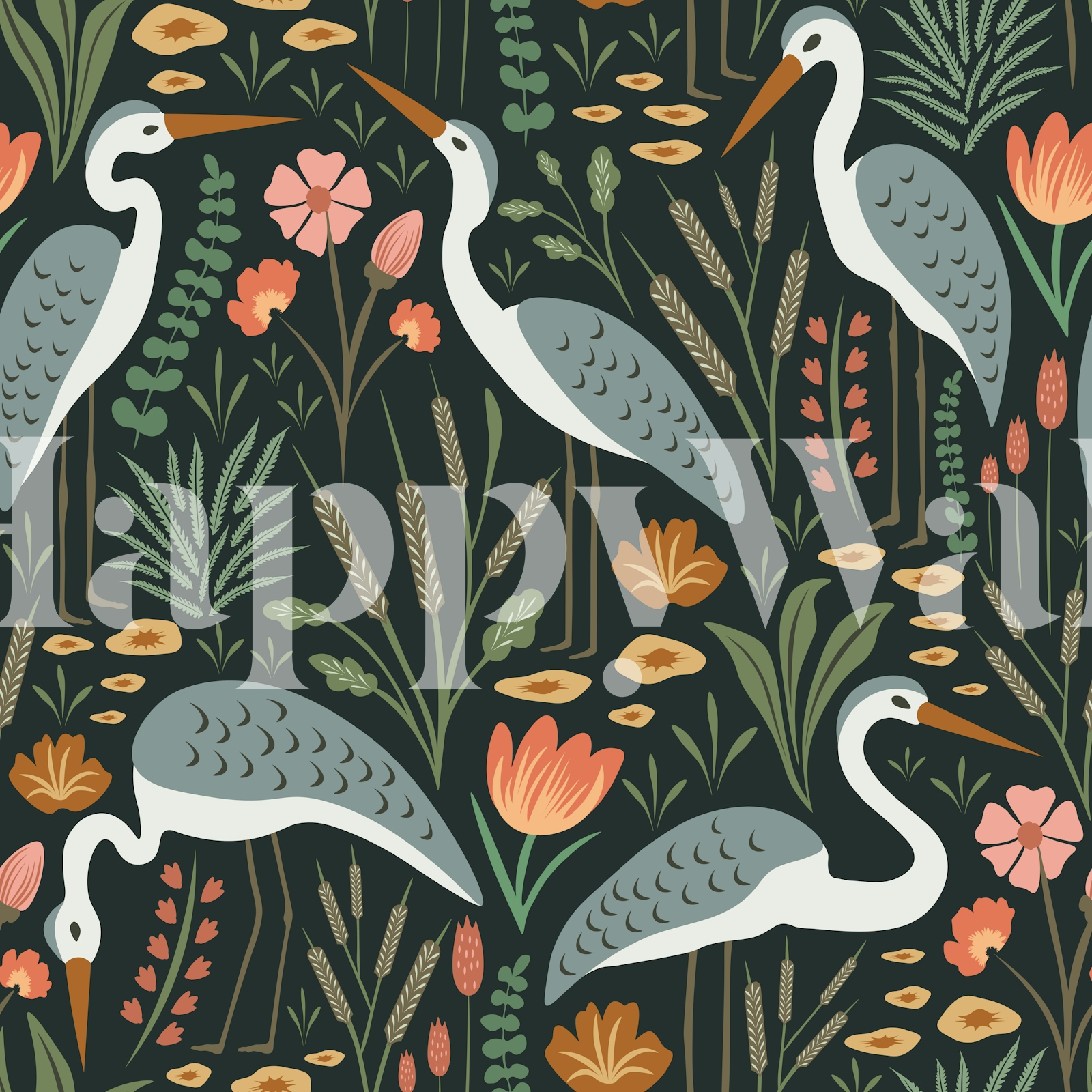 Dark Floral Heron Wallpaper