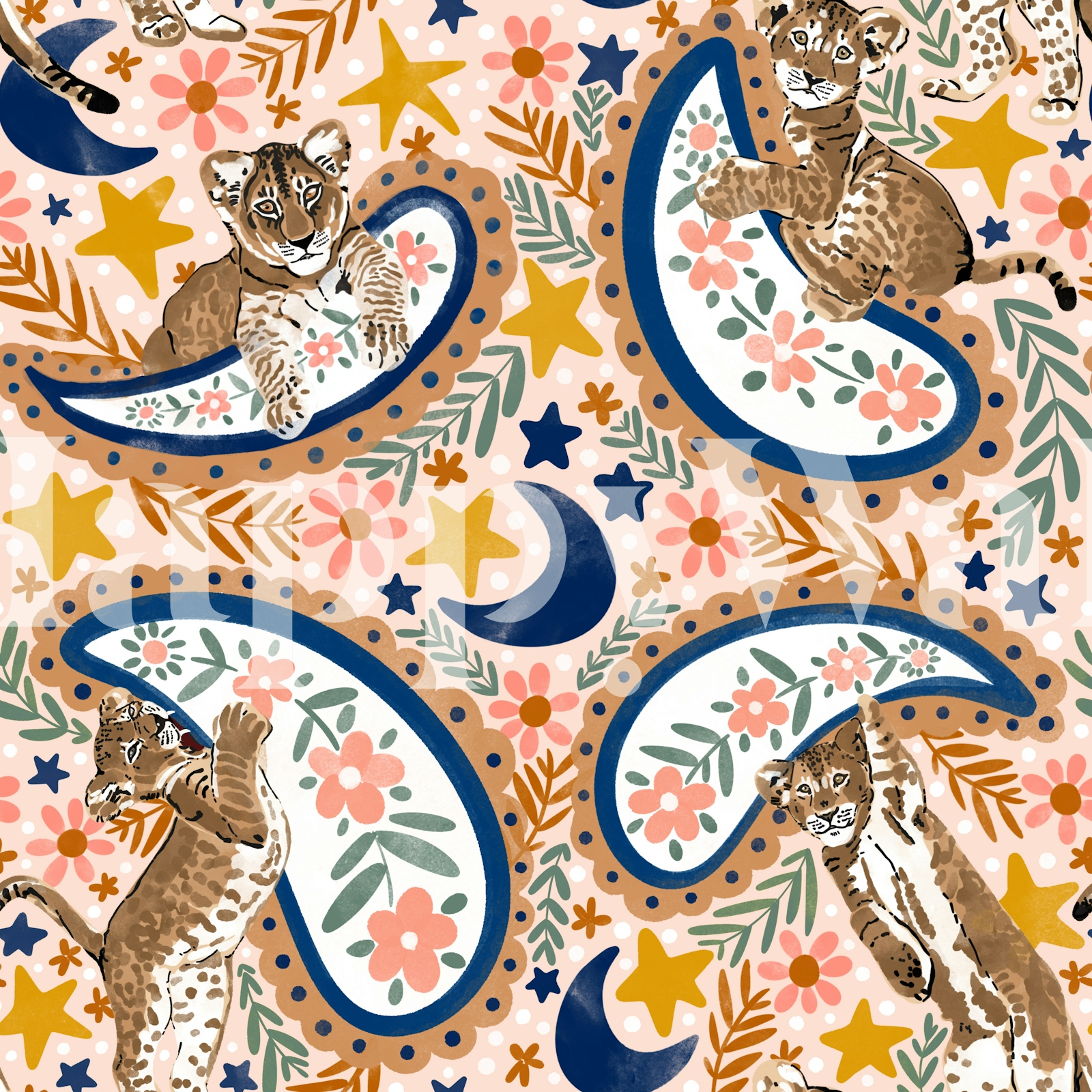 Leopard Cubs Pattern Wallpaper with Stars