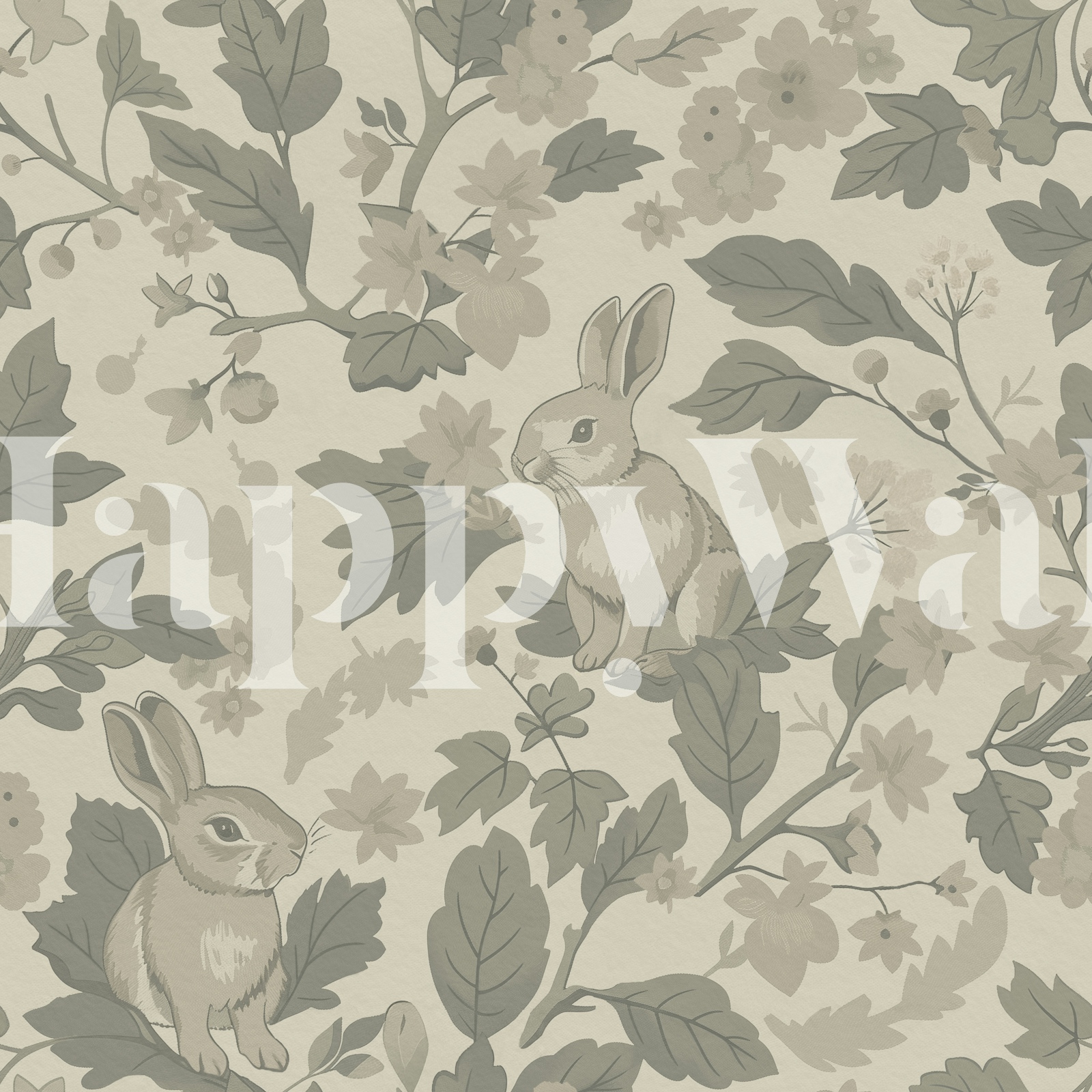 Floral Bunny Wallpaper in Neutral Beige