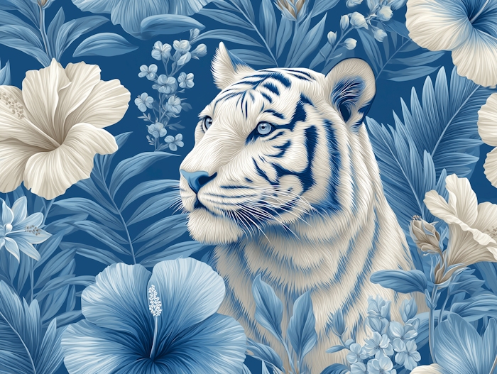 Blue Floral Tiger Wallpaper for Jungle Decor
