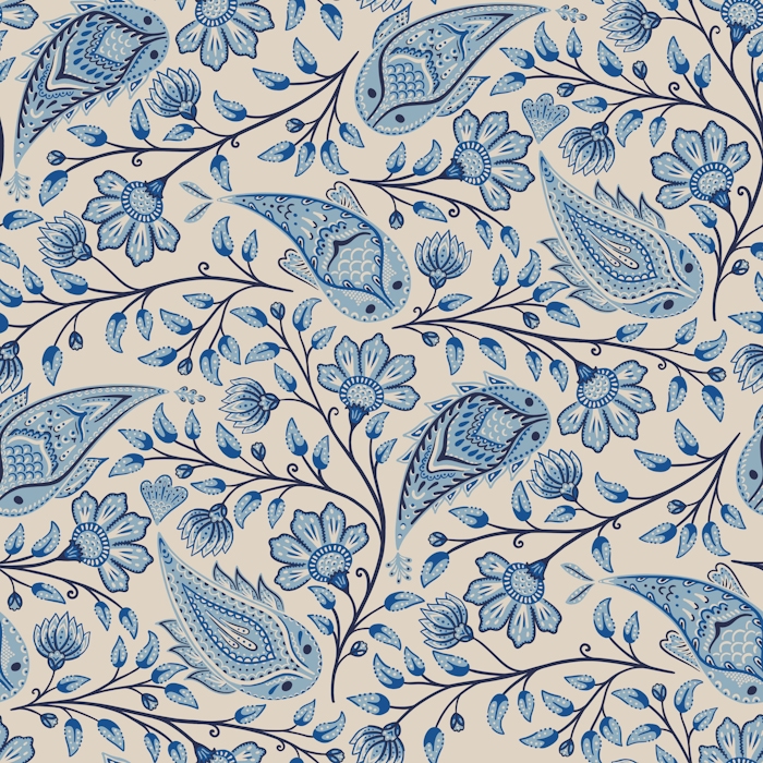 Paisley Fish Ink Blue Wallpaper - Happywall
