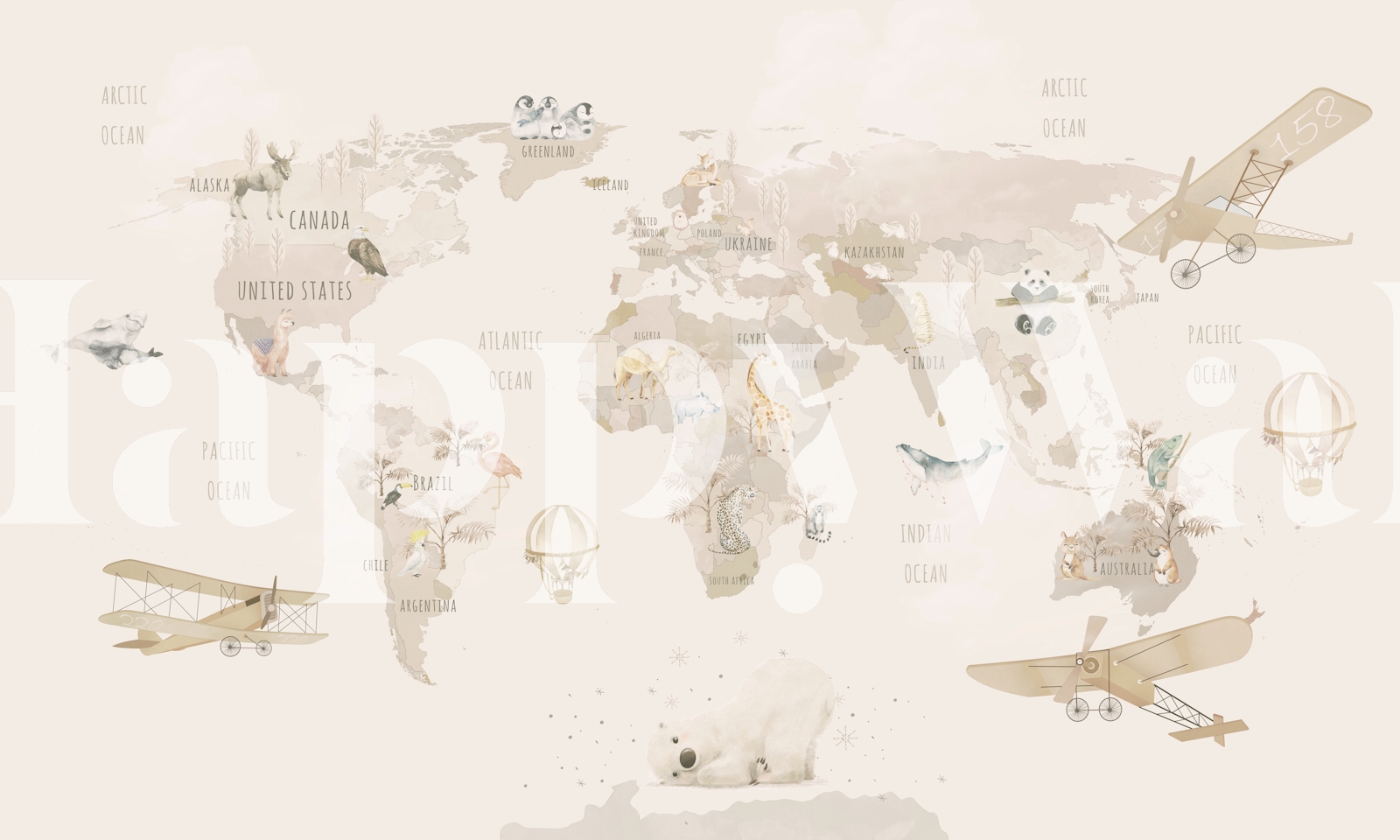 Kids World Map Wallpaper Beige for Nursery