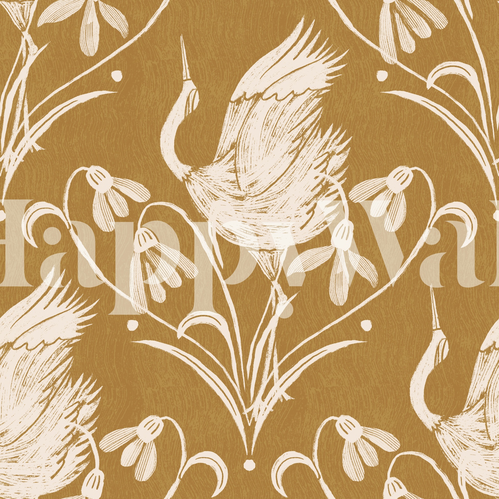 Golden Crane Floral Wallpaper in Warm Gold
