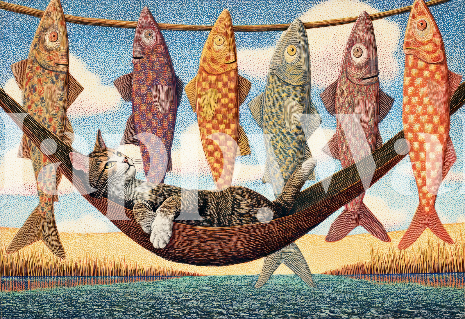 Chill Cat with Colorful Fish Wallpaper