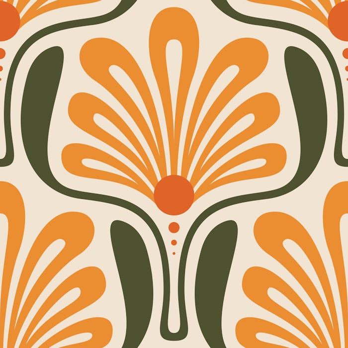 Orange Green Floral Art Deco Wallpaper