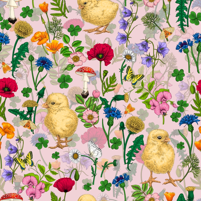 Pink Floral Chickens Wallpaper