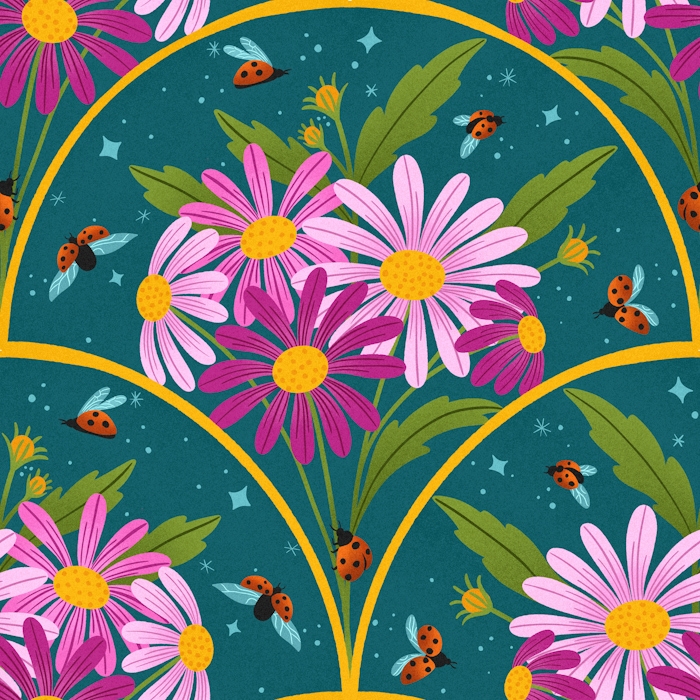 Pink Daisies and Happy Ladybugs Wallpaper