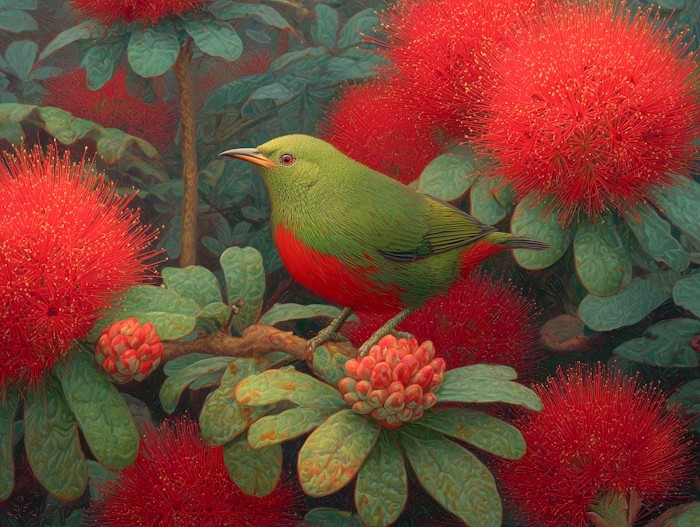 Green Bird in Red Bloom Wallpaper