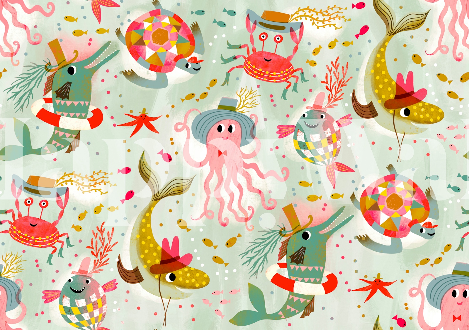 Funny Sea Life Party Mint Wallpaper