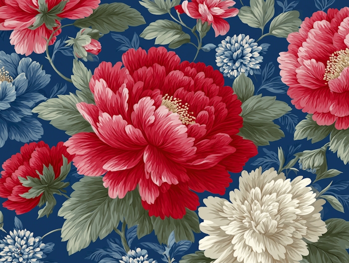 Red Floral Wallpaper on Dark Blue Background