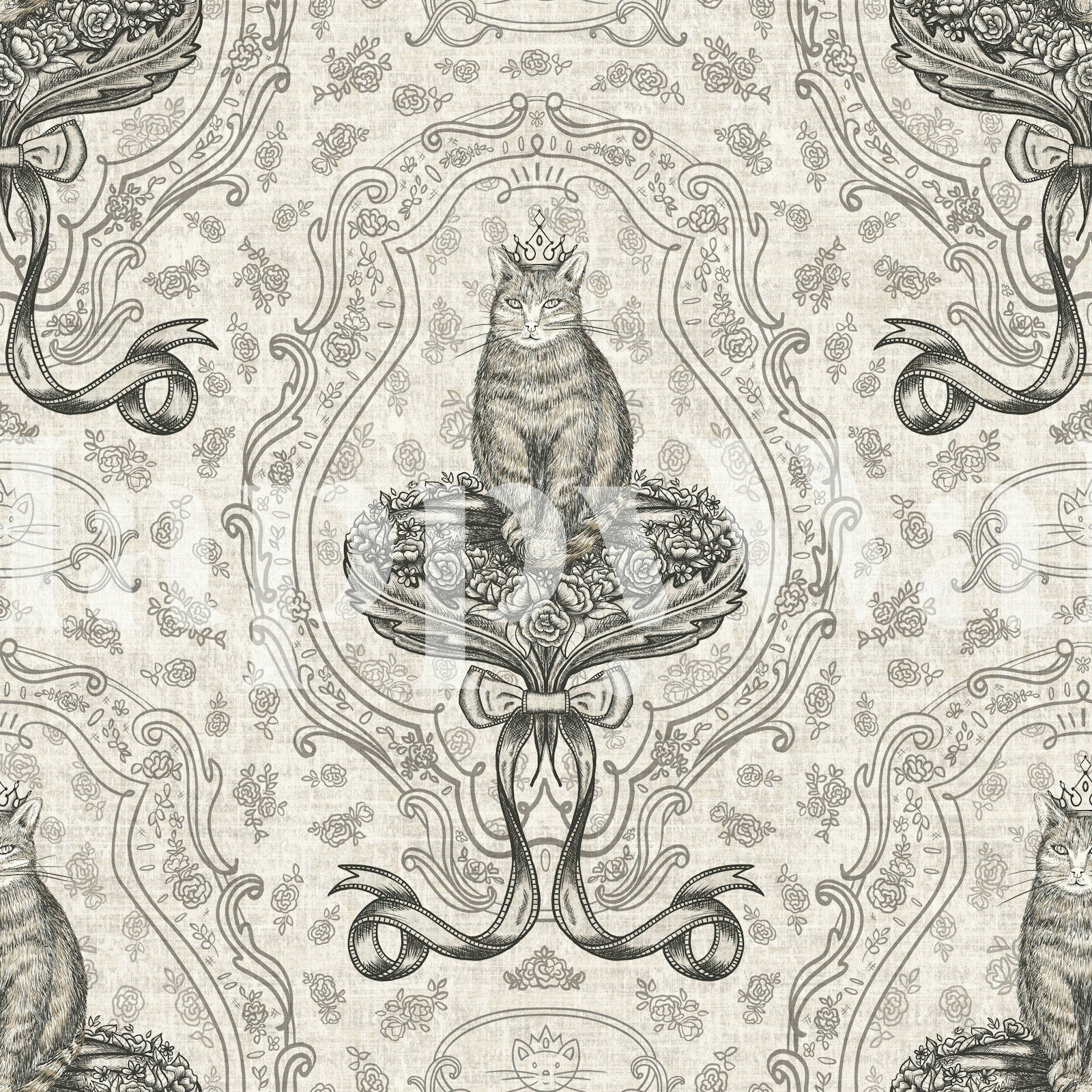 Black and White Cat Wallpaper with Rococo Design