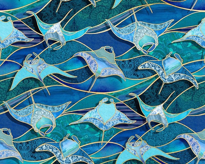 Patchwork Manta Rays in Sapphire Blue Wallpaper