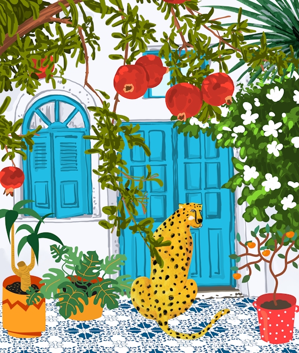 Moroccan Floral Wallpaper with Cheetah and Pomegranates