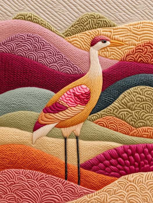 Colorful Crane Embroidery Wall Mural Wallpaper