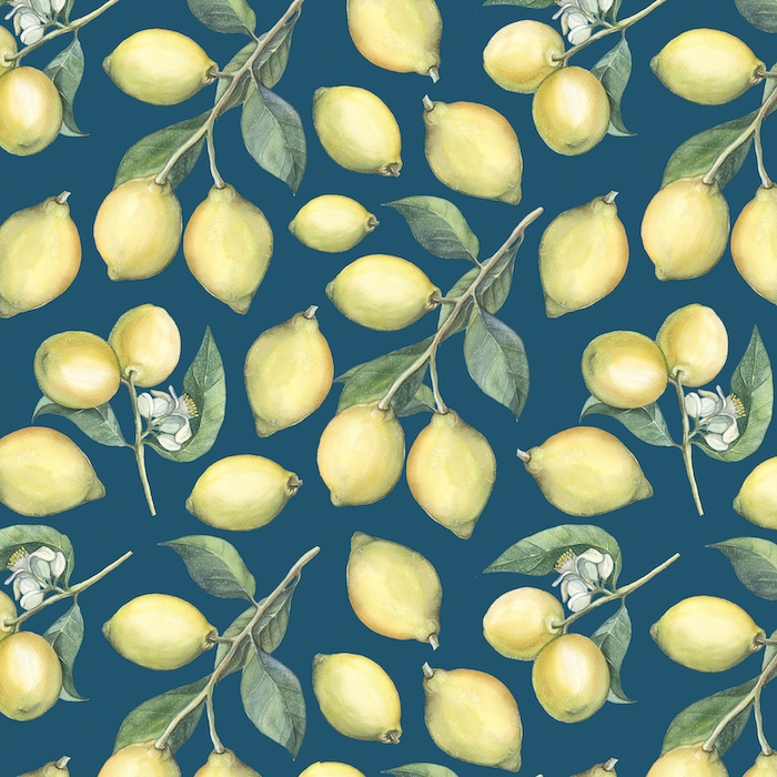 Lemon Floral Blue Wallpaper