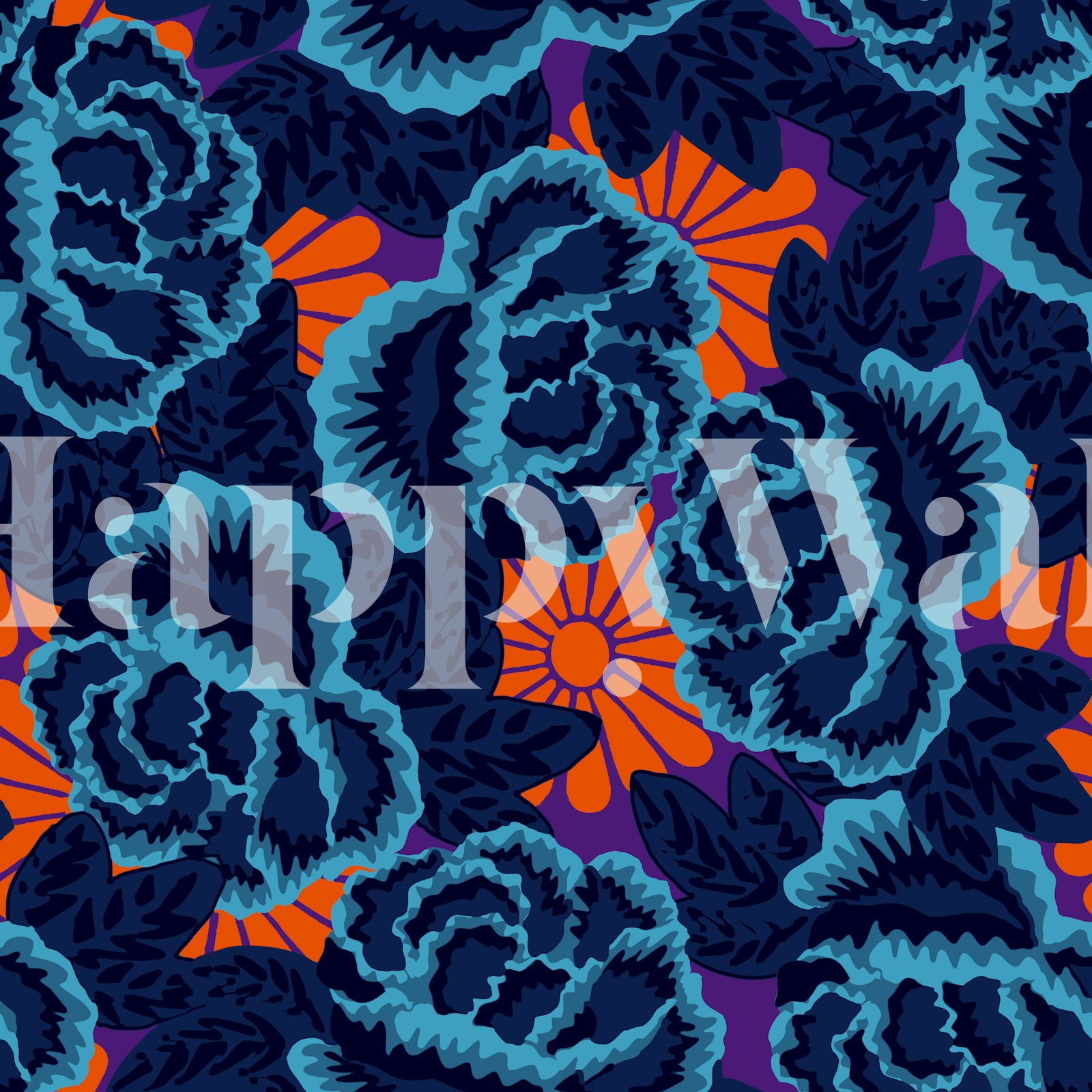 Electric Midnight Blue Abstract Flowers Wallpaper