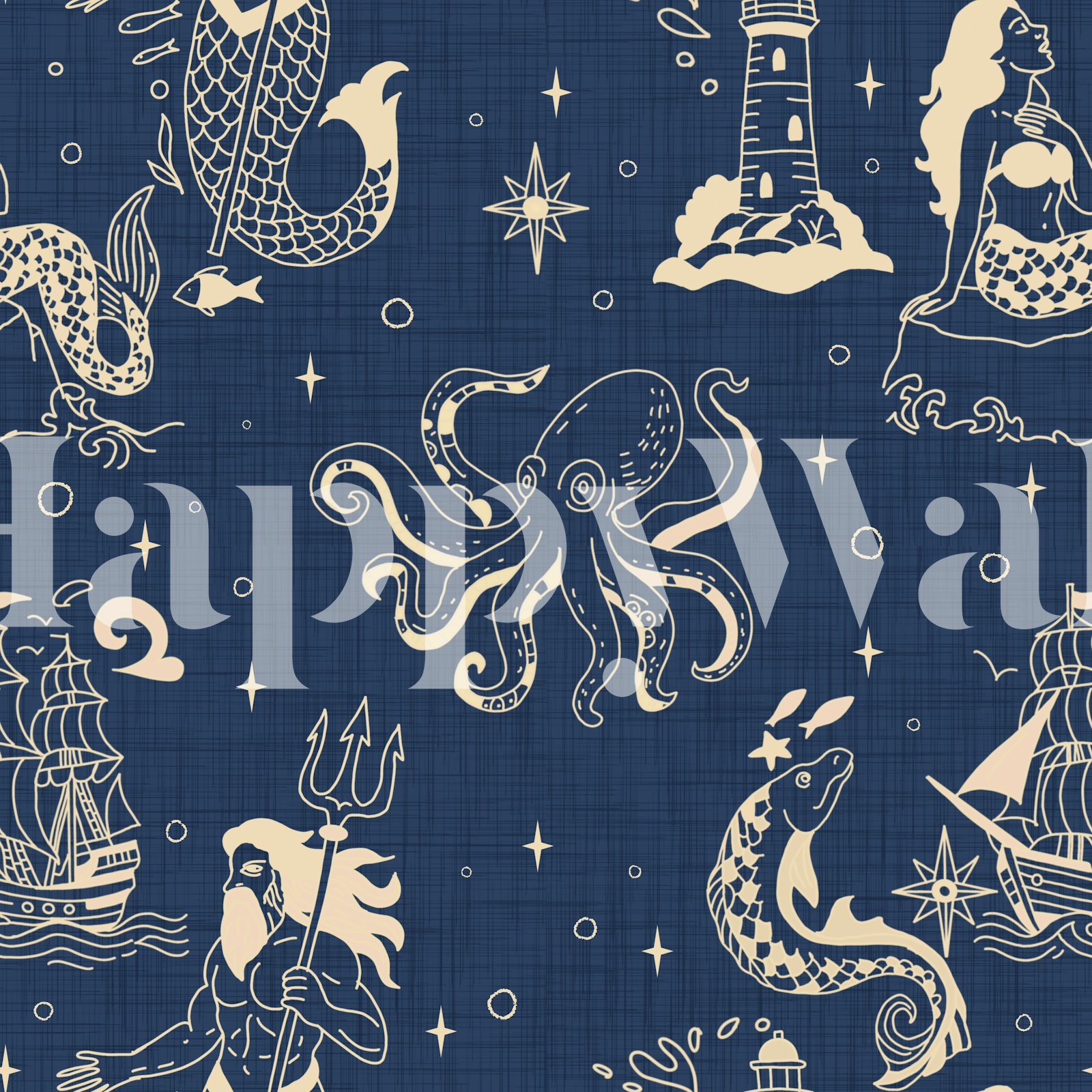 Nautical Mythology Inked - Retro Ocean Blue | Happywall