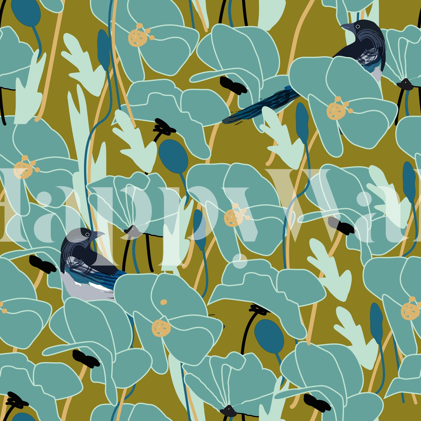Whispering Magpies in a Teal Poppy Garden Wallpaper