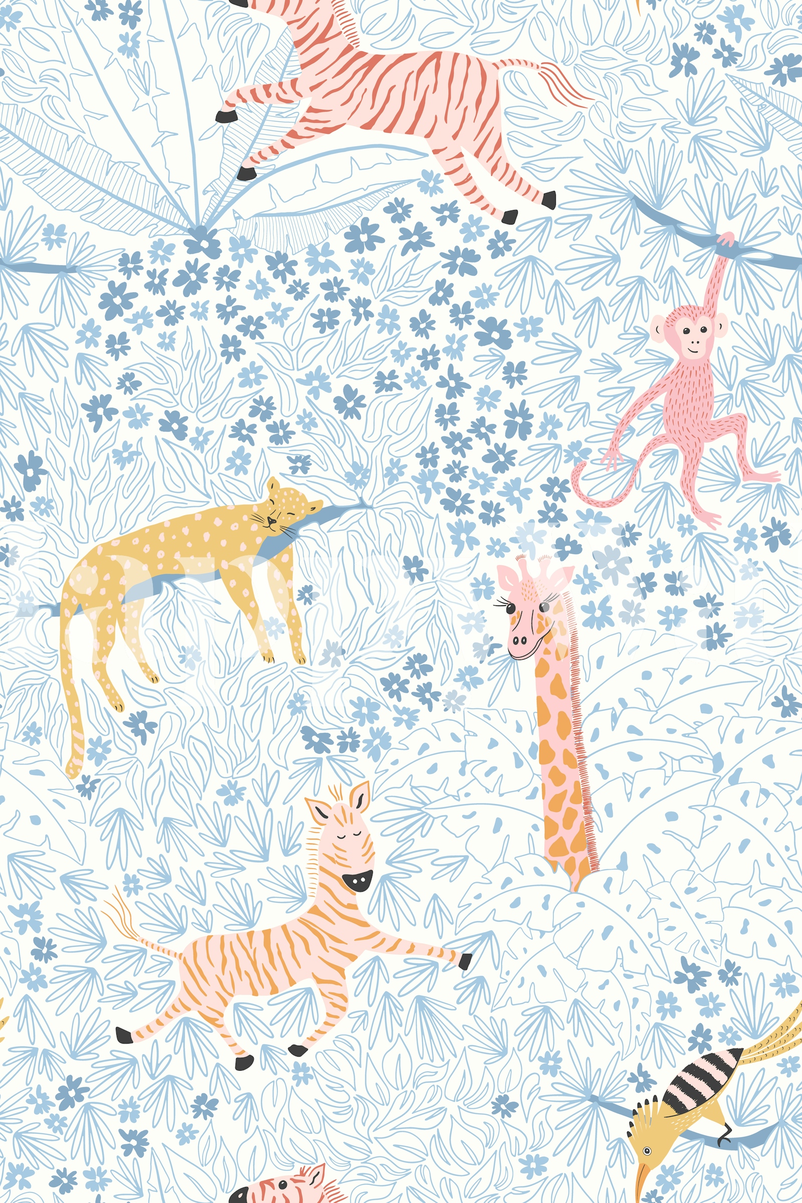 Whimsical Safari - Blue Line Work Wallpaper