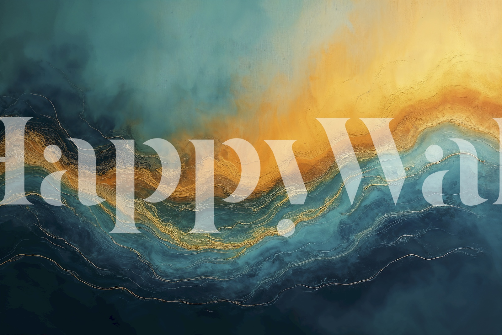 Oceanic Blue and Gold Waves Wallpaper