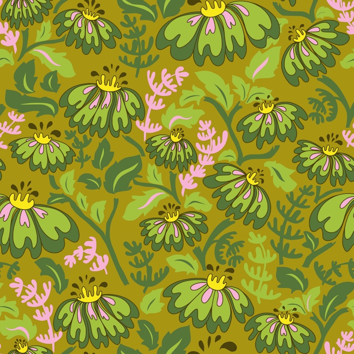 70s Retro Flowers Meadowland Green - Happywall