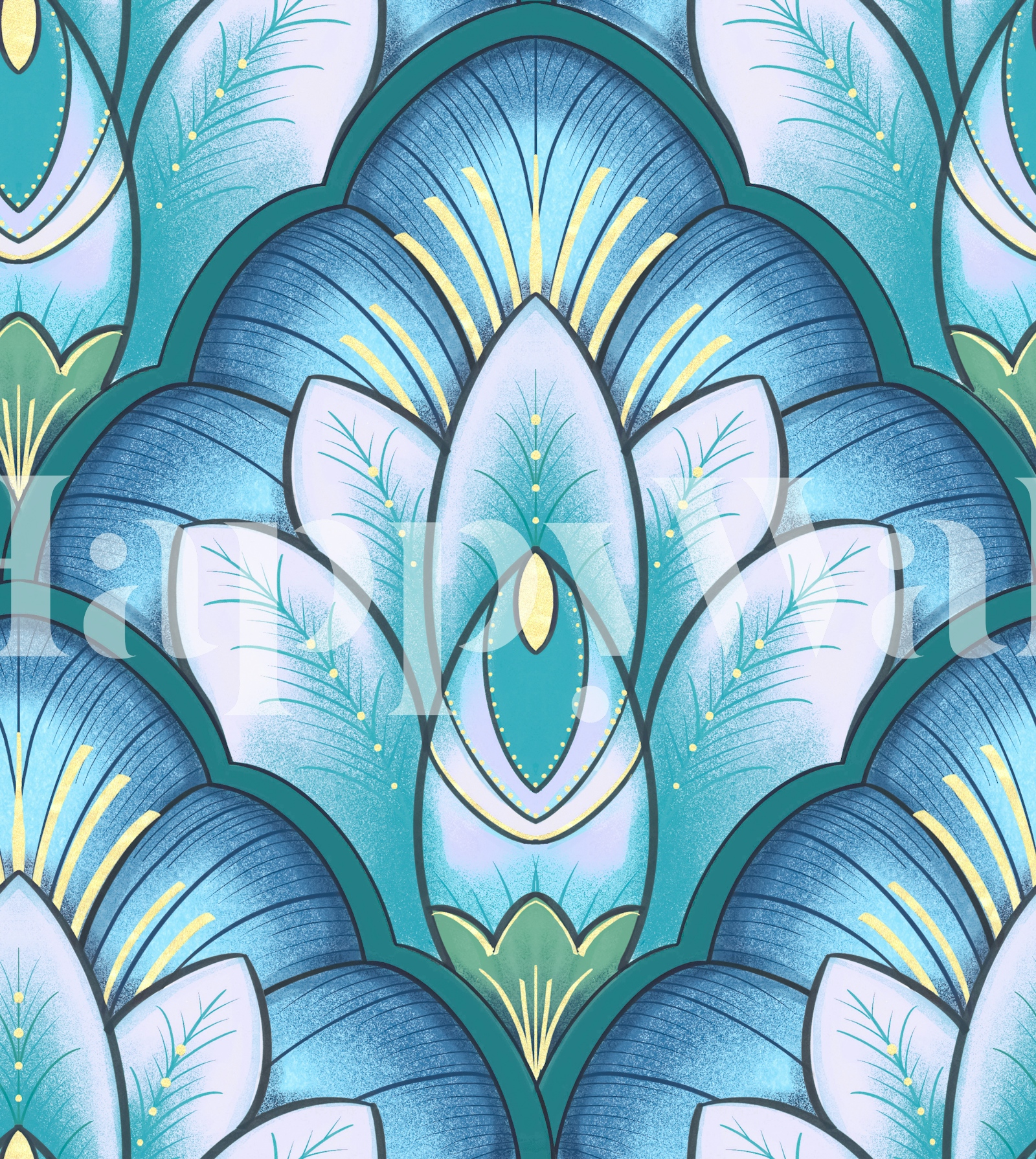 Art Deco Lotus in Blue Wallpaper | happywall.com