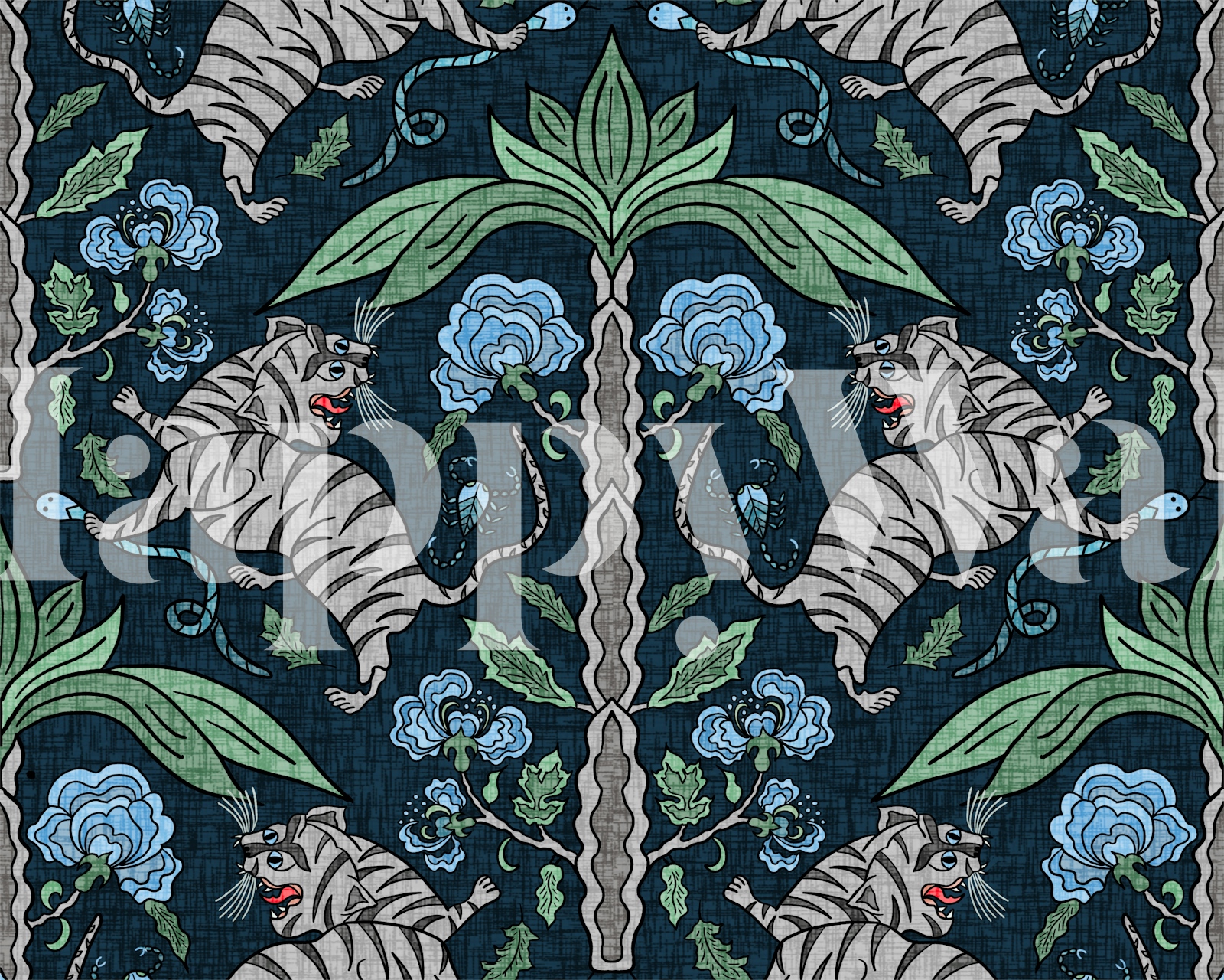 Jungle Tigers & Palm Trees - Navy Gray