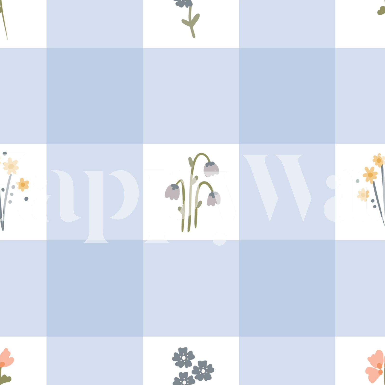 Blue Floral Gingham Wallpaper