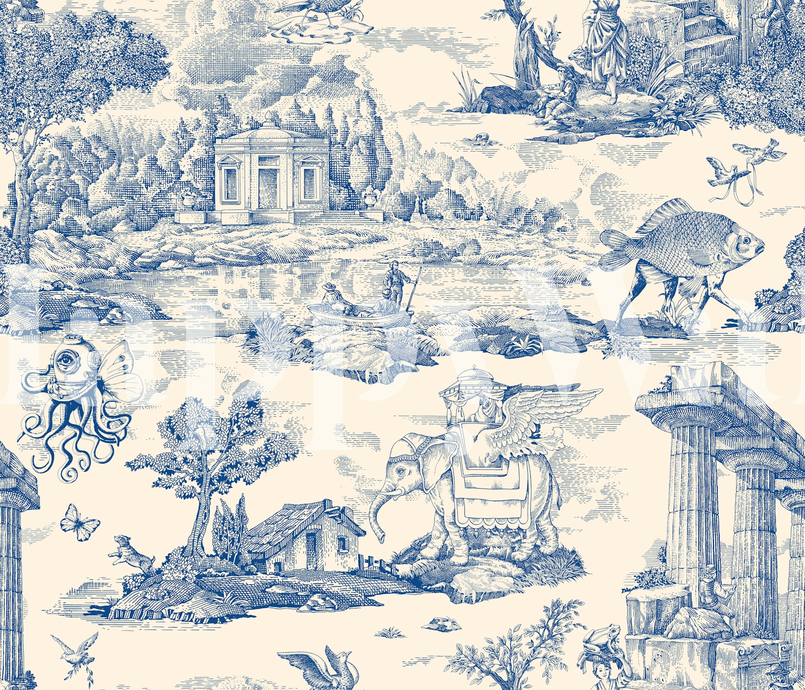 Vintage Blue Toile Wallpaper