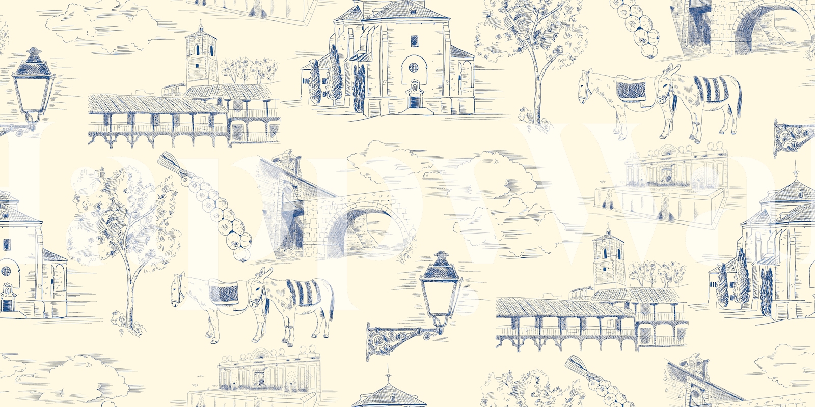 Rustic Blue Village Scene Wallpaper